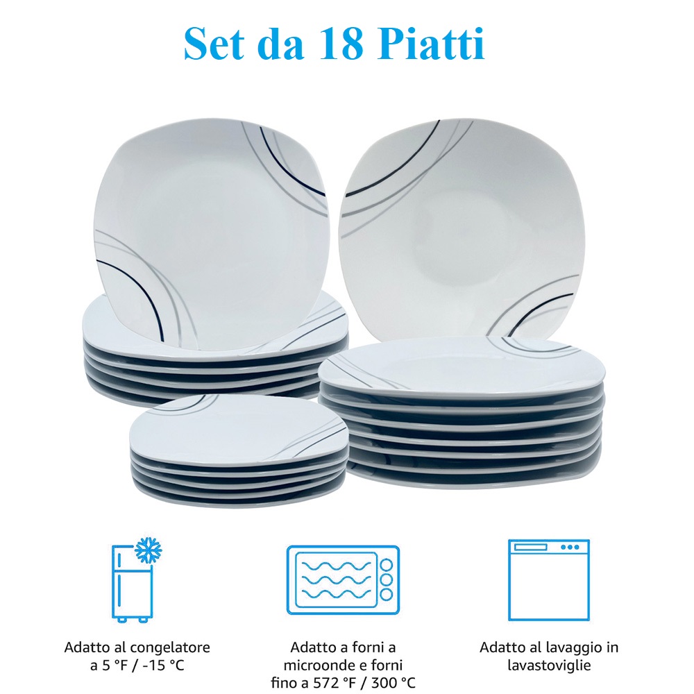 Servizi di 18 piatti quadrati in porcellana bianca con decoro