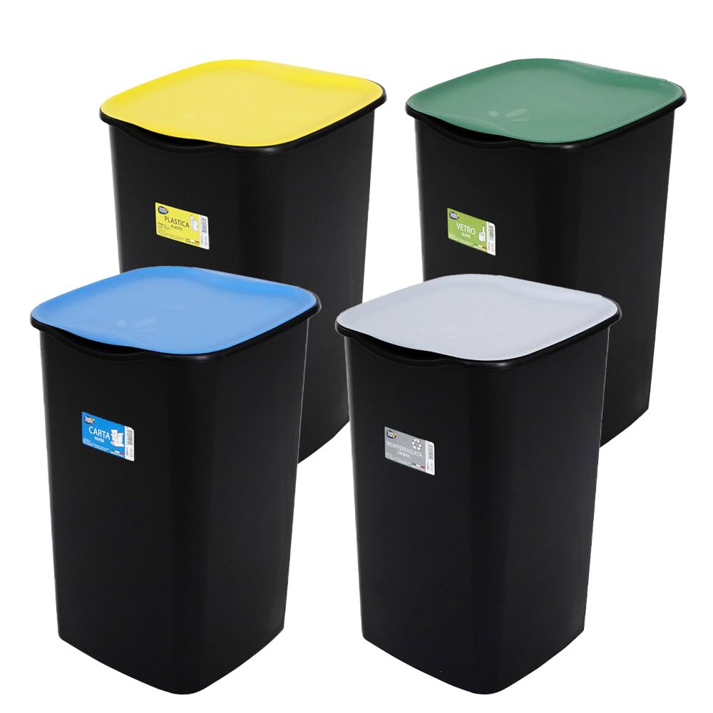 Set 4 pattumiere per la raccolta differenziata con coperchio